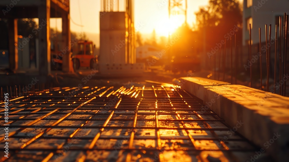 Sunrise illuminating a construction site, fresh rebar deliveries cast ...