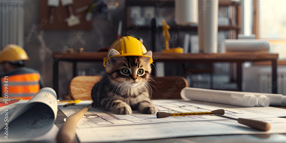 Kitten dressed as a builder at a construction site with safety helmet A ...