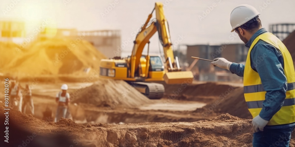 engineer working on construction site and heavy machine background ...