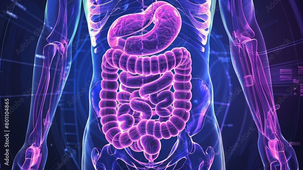 Labeled diagram of the colon with cecum, appendix, rectum, enhancing ...