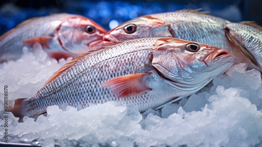 Freshly caught fish on a crushed ice bed at a high-end seafood market ...