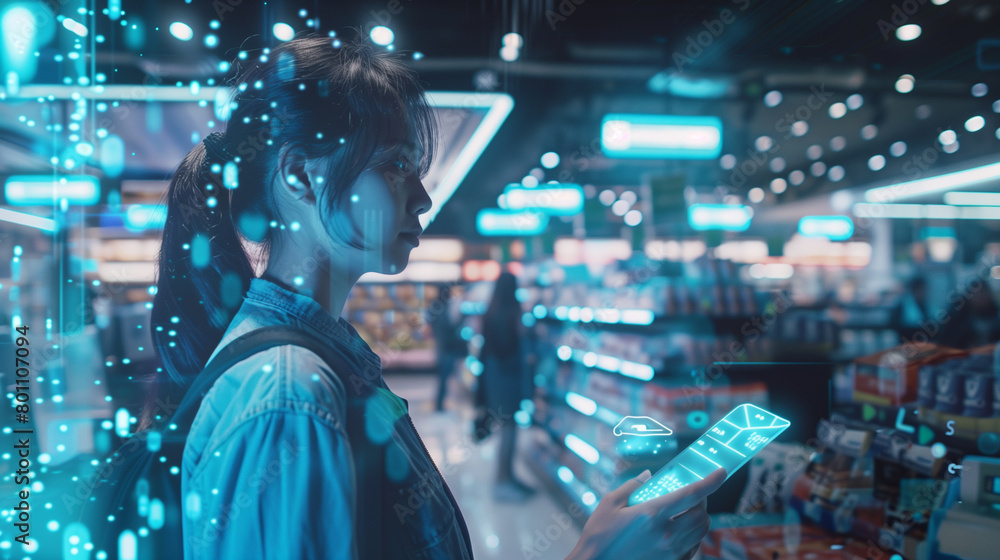People use modern Self-Checkout Station with POS Machine interface ...