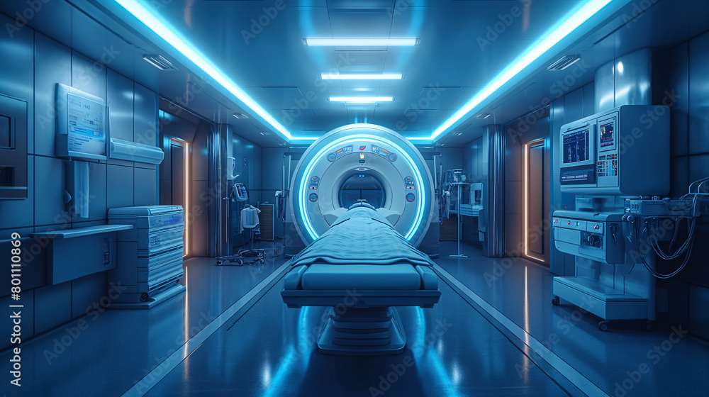 High-tech medical imaging room hospital room with an advanced MRI ...