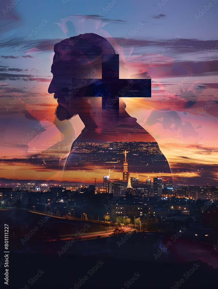 Double exposure image of Jesus Christ, Christian cross and night city ...