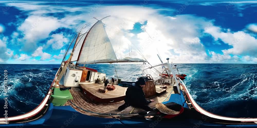360 VR footage of the sailing in Antarctica. Sailing vessel crossing ...