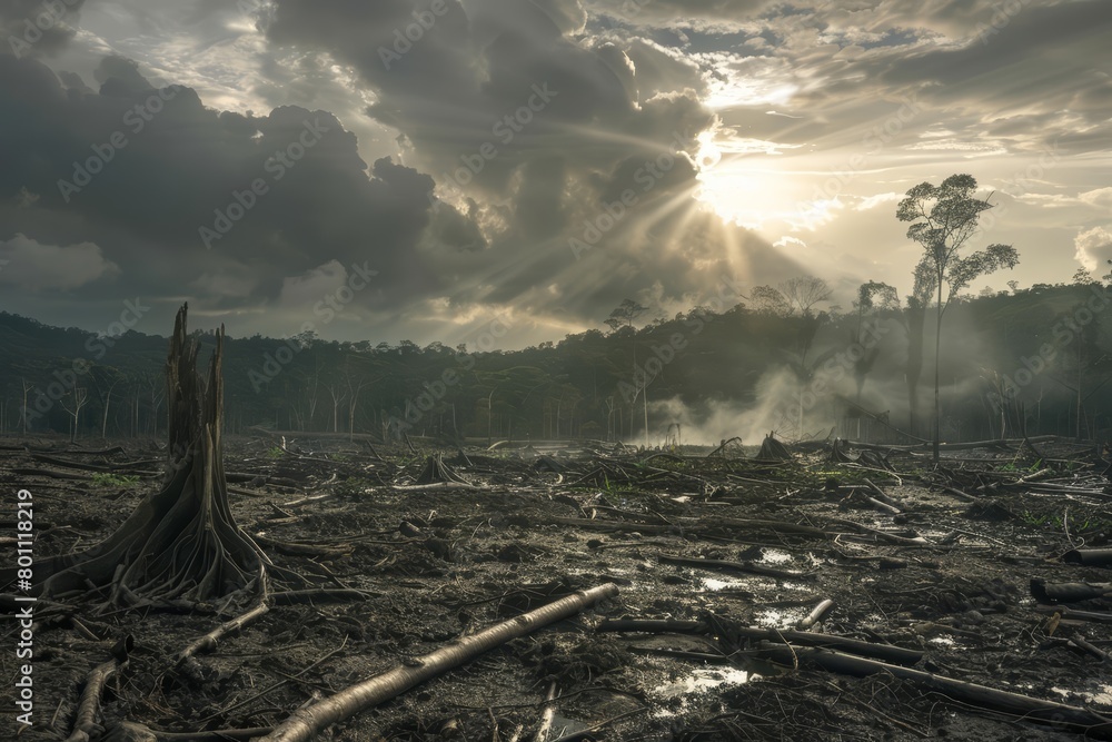Once lush forests now stand bare, illustrating deforestation through a ...