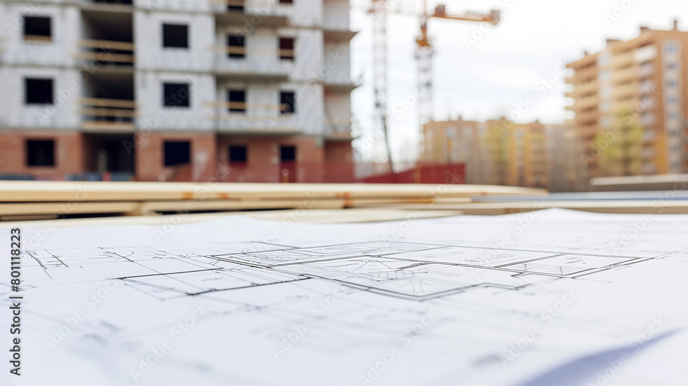 Construction drawing on the background of a multi-storey residential ...