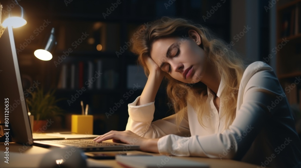 Exhausted young Caucasian female employee sleep desk at office overwork ...