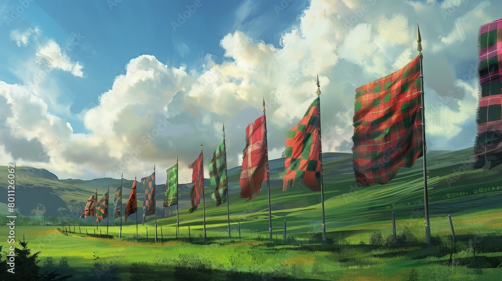 Scottish Highland Games flags, featuring traditional tartan patterns ...