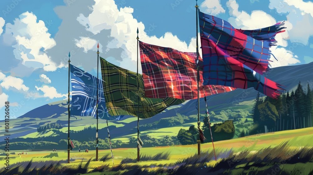 Scottish Highland Games flags, featuring traditional tartan patterns ...