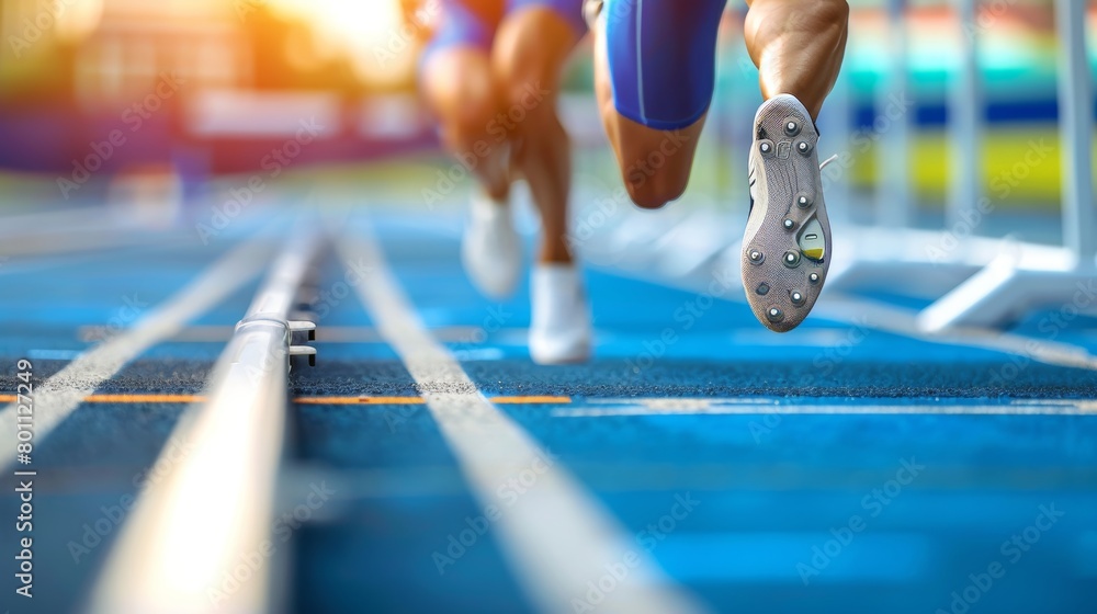Dynamic close up hurdler s legs soaring over hurdle emphasize speed and ...