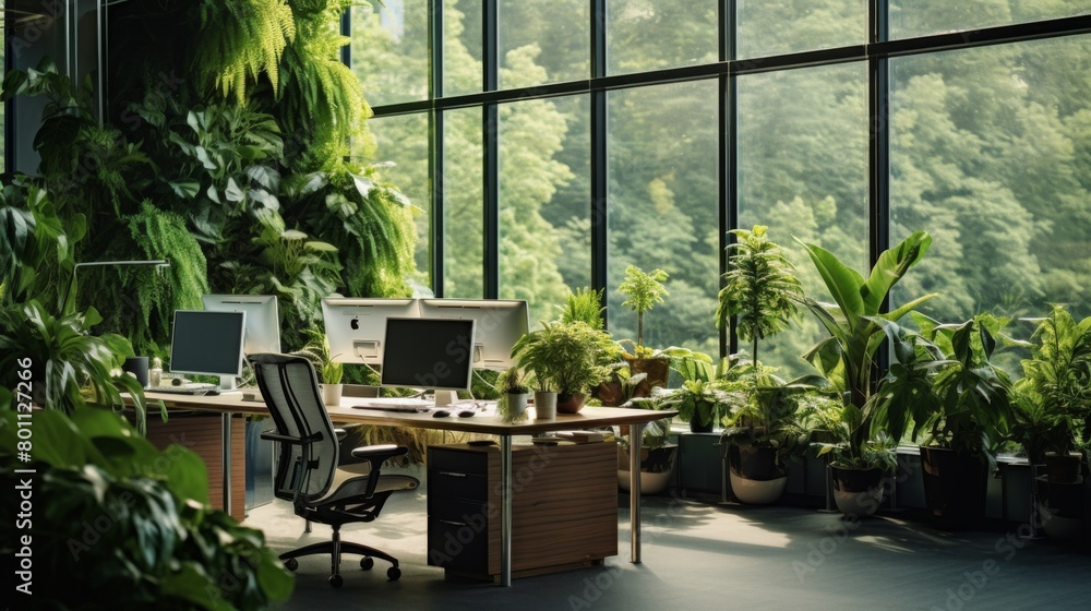 Office space with lush green plants. Sustainable and nature friendly ...