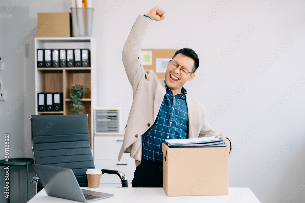 Happy and excited young beautiful Asian woman office worker celebrating ...