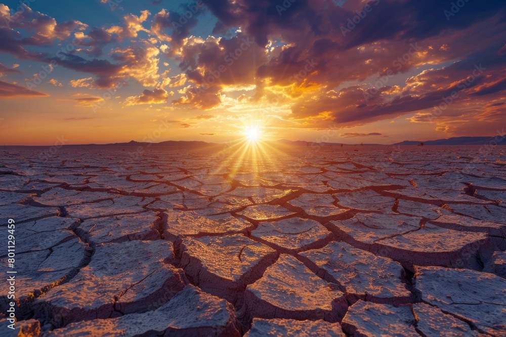 Sunset over a cracked desert landscape, illustrating severe drought and ...