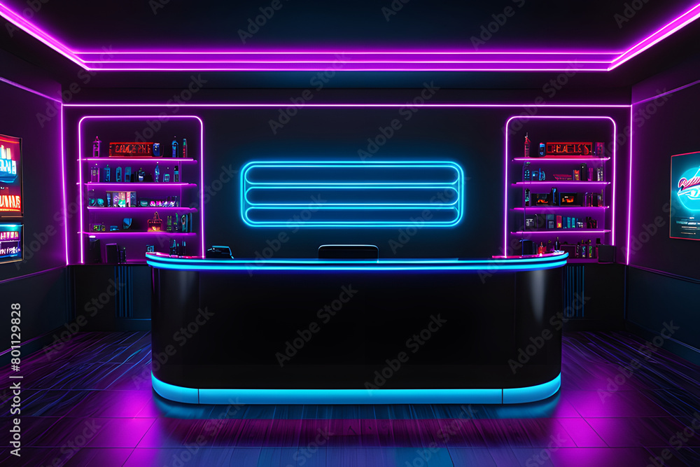 Modern office interior with sleek computer desks. Neon cyber-dark ...