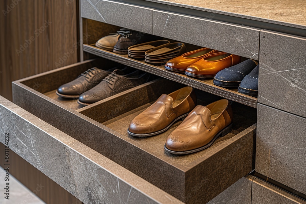 A small shoe display in a minimal dressing wardrobe in brown drawers ...