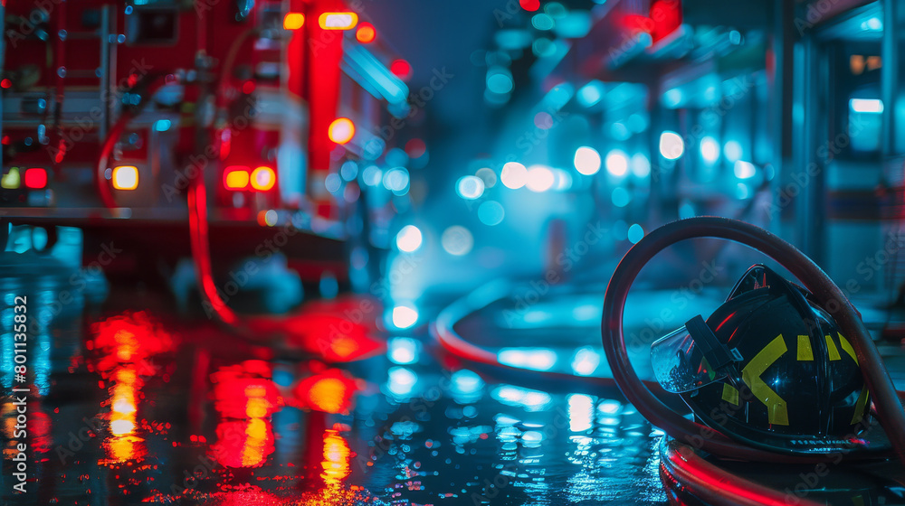 Fire station at night, low angle, red and blue light flares Long ...