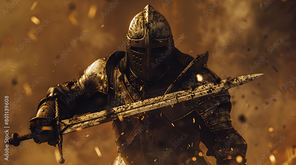 An armored knight wielding a sword amidst a raging battlefield ...