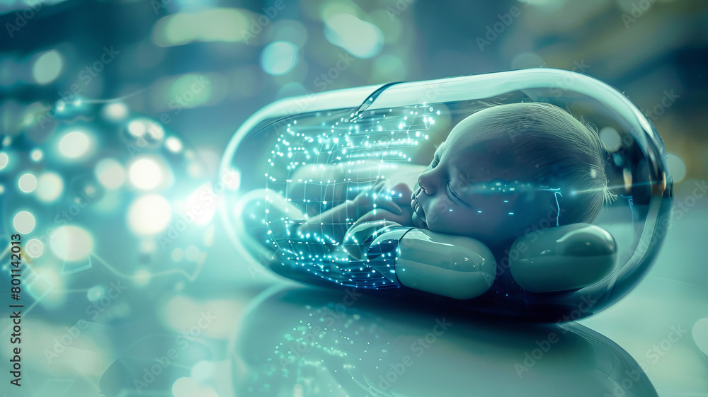 Futuristic Artificial Intelligence Baby in Capsule, pill with ...