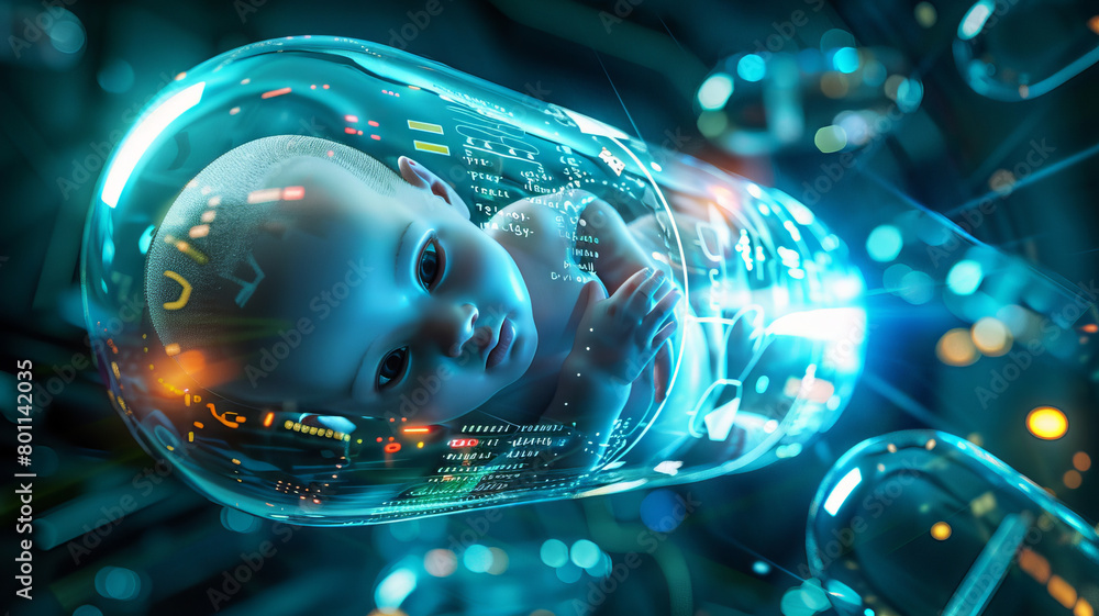 Futuristic Artificial Intelligence Baby in Capsule, pill with ...