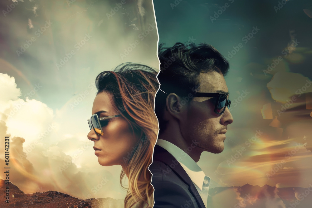 Artistic split portrait of a couple facing opposite directions against ...