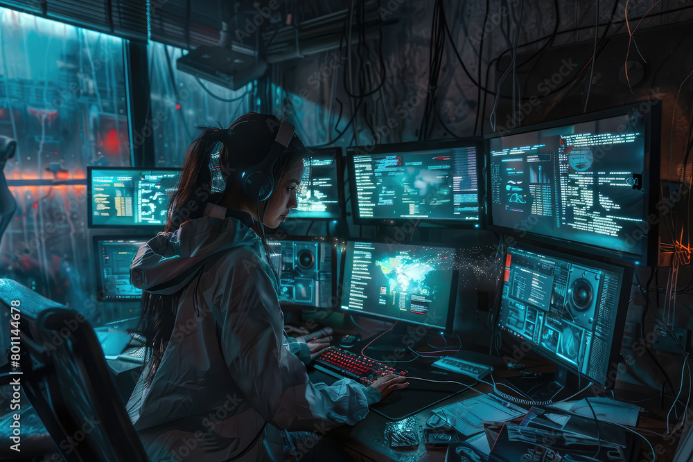 Female Bad Actor hacker making a Cyber Attack from a dingy space with lots of monitors Stock ...