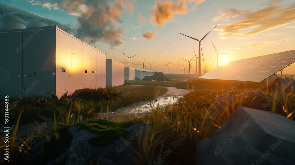 modern battery energy storage system with wind turbines and solar panel ...