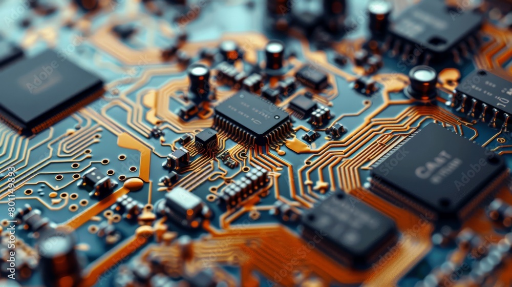 A close-up of a circuit board after it has been assembled. The circuit ...