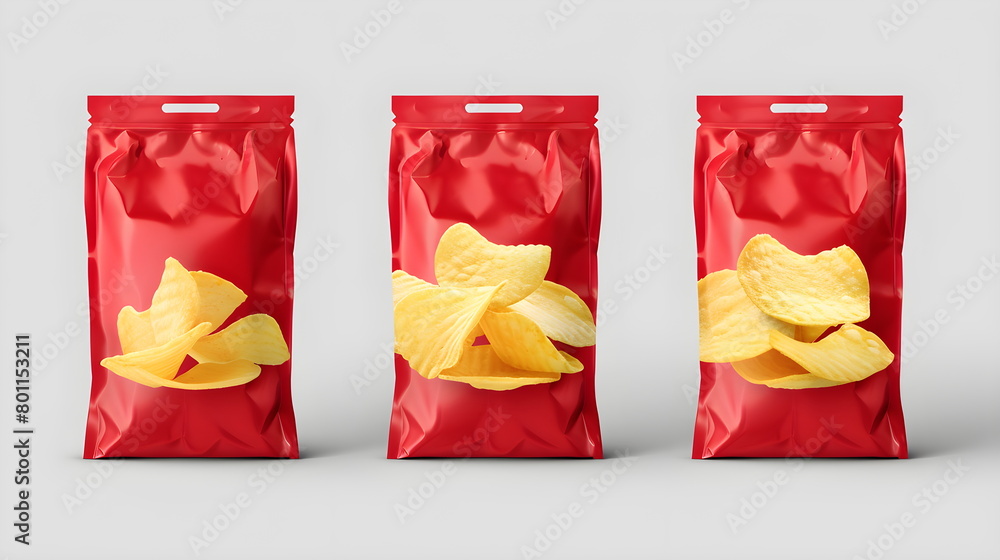 Realistic red potato chips packaging mockups for flow pack collection ...