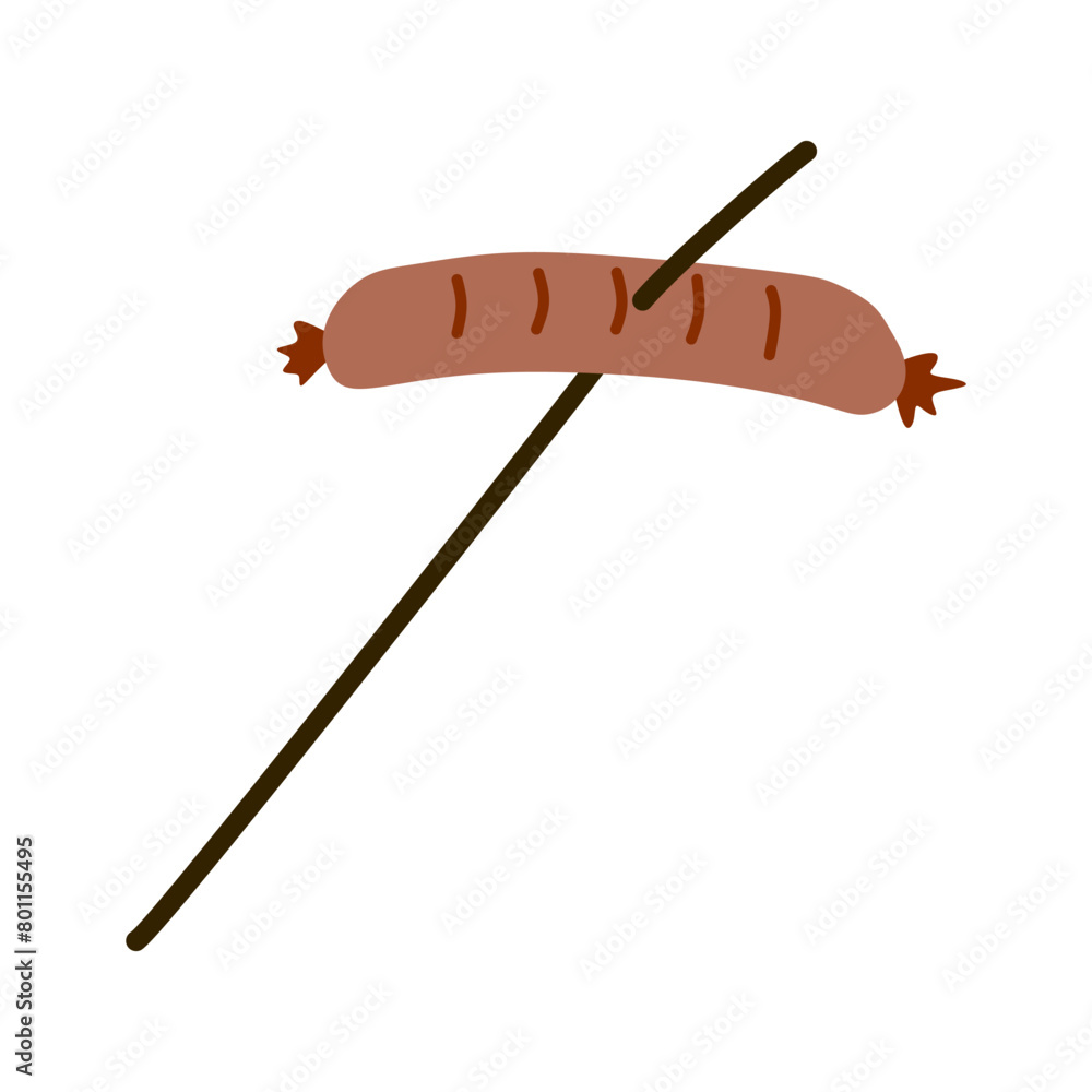 Sausage is fried on stick. Roast meat diet. Food in the camp in the ...