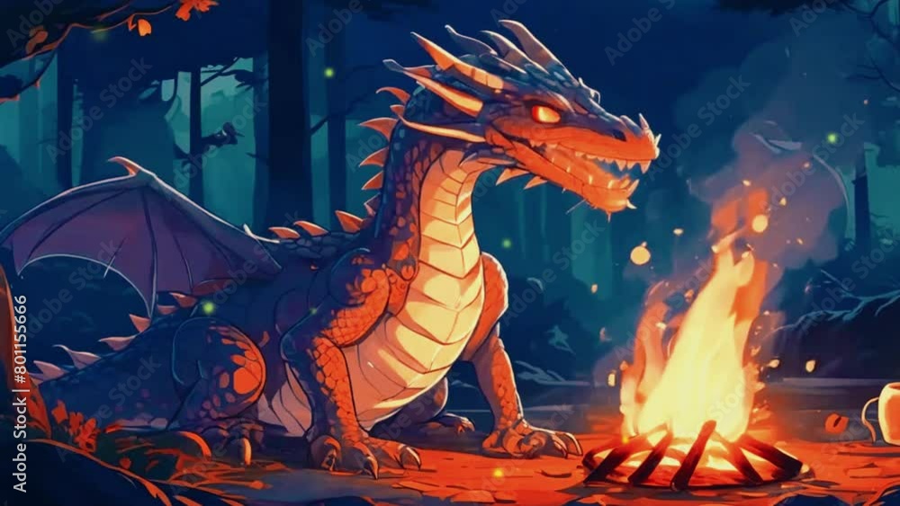 A dragon breathing fire while roasting marshmallows over a campfire in ...