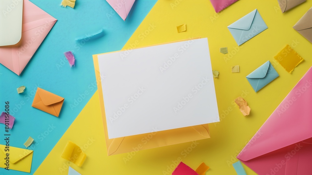 Image of white paper for writing messages on a yellow-blue background ...