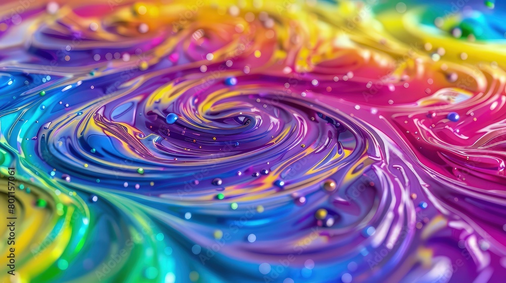 A close-up on the surface of a psychedelic liquid, where rainbow colors ...