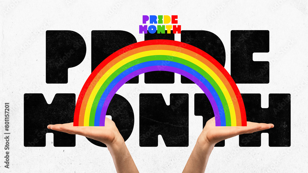 Poster. Contemporary art collage. Hands holding curved rainbow symbol ...