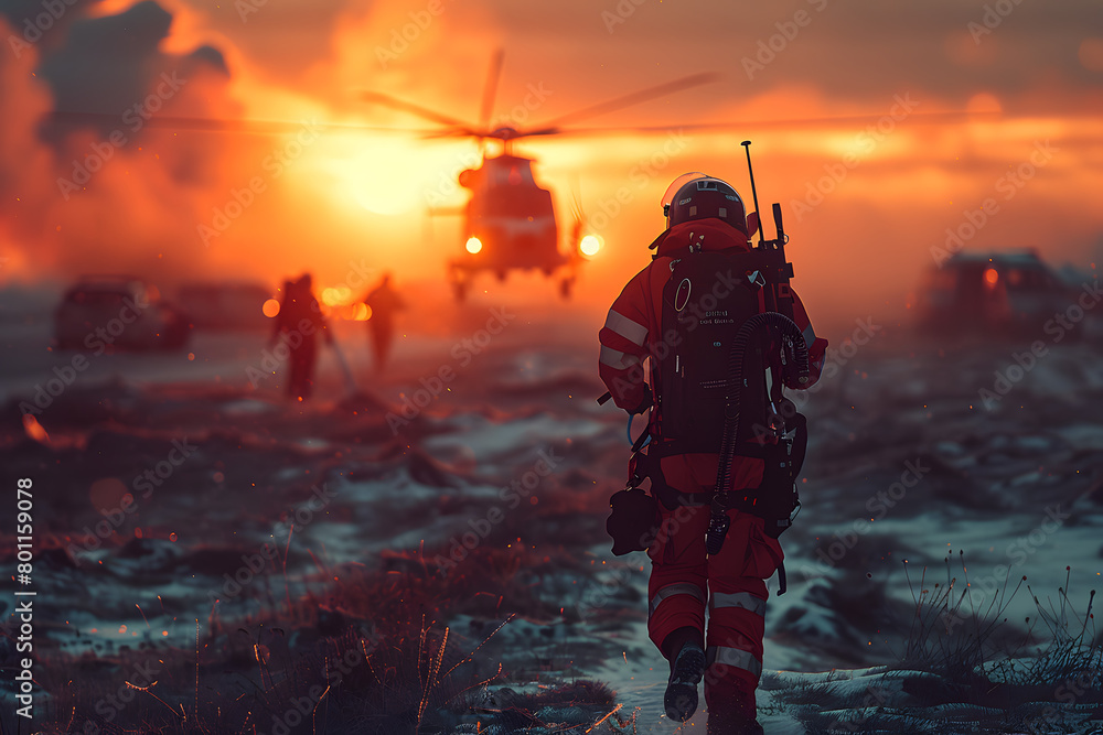 Emergency response firefighter approaching helicopter at sunset. Crisis ...