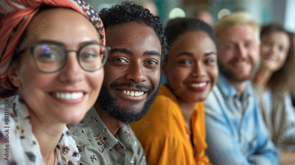 Office colleagues of diverse backgrounds smile, fostering inclusivity ...