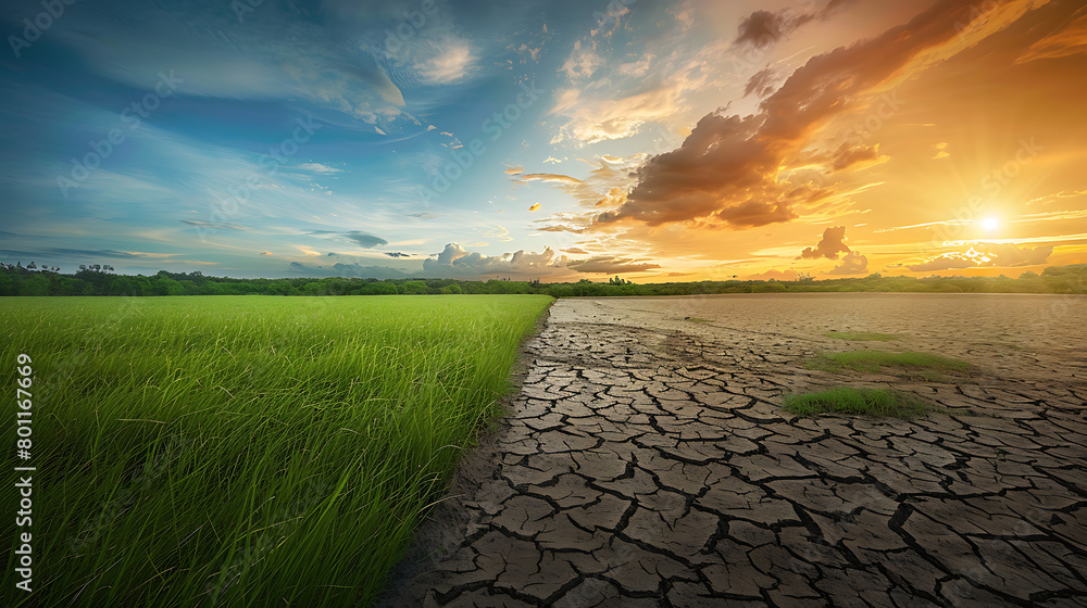 Climate change global warming. Grass green land changing to barren land ...