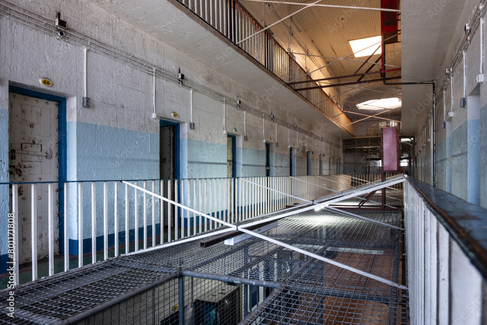 Old Geelong Gaol interior with prison on upper floors with cell doors ...