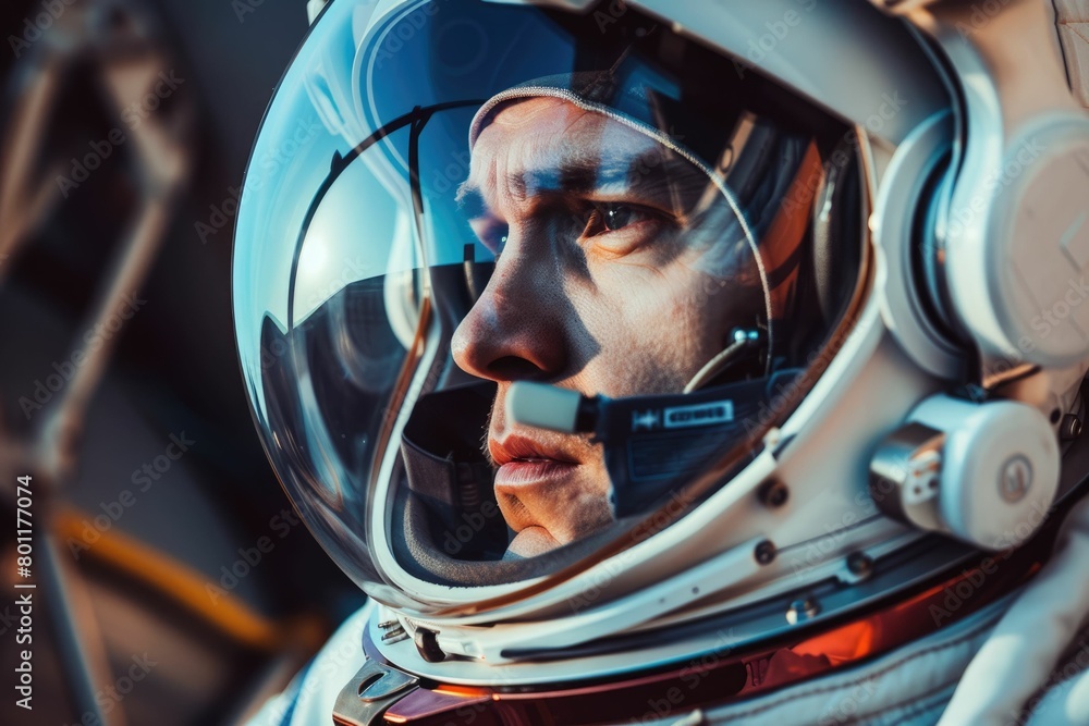 The close up picture of the astronaut wearing the space suit and helmet ...