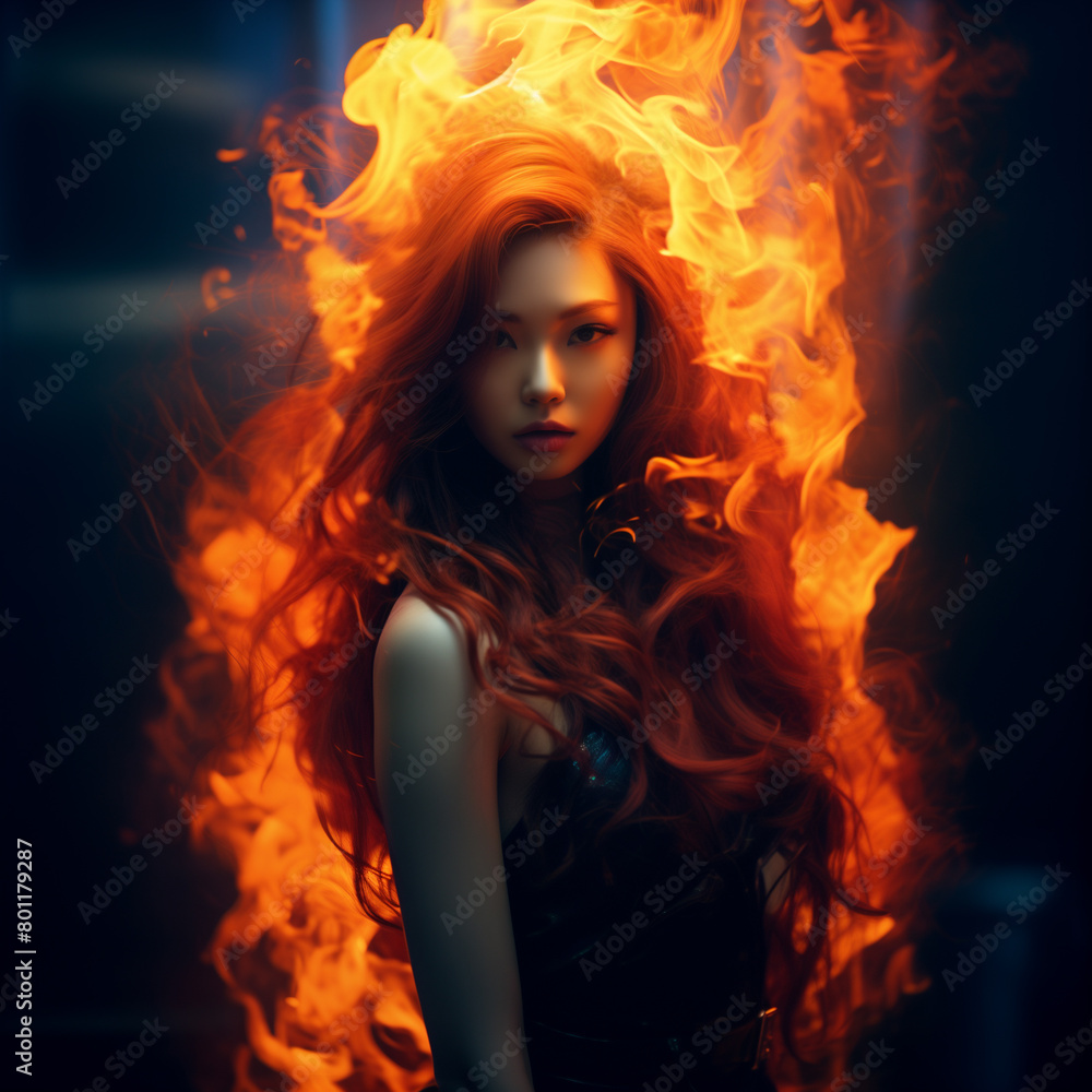Flaming beauty asian woman set against a black background. Supernatural ...