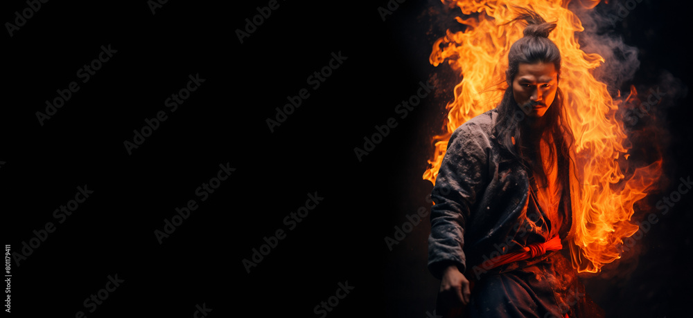 Flaming handsome tough asian man set against a black background ...