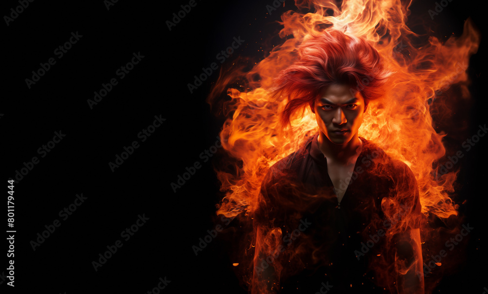 Flaming handsome tough asian man set against a black background ...