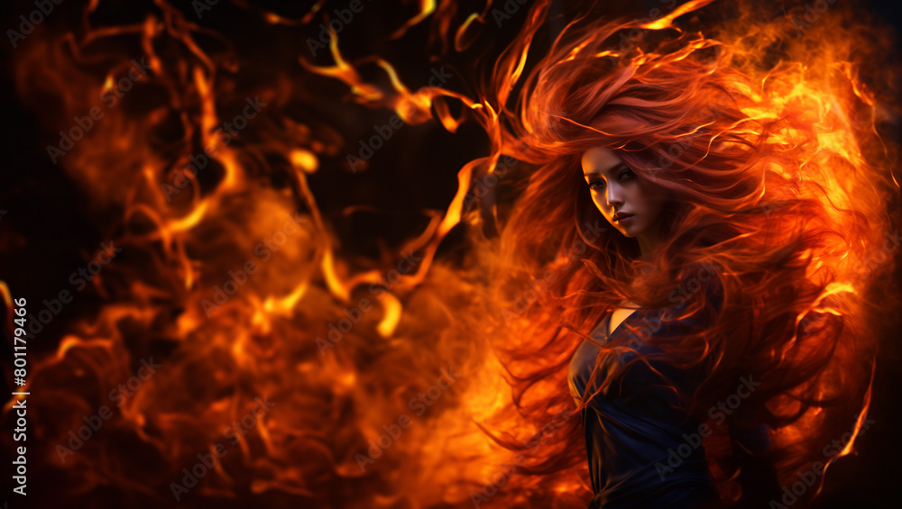 Flaming beauty asian woman set against a black background. Supernatural ...