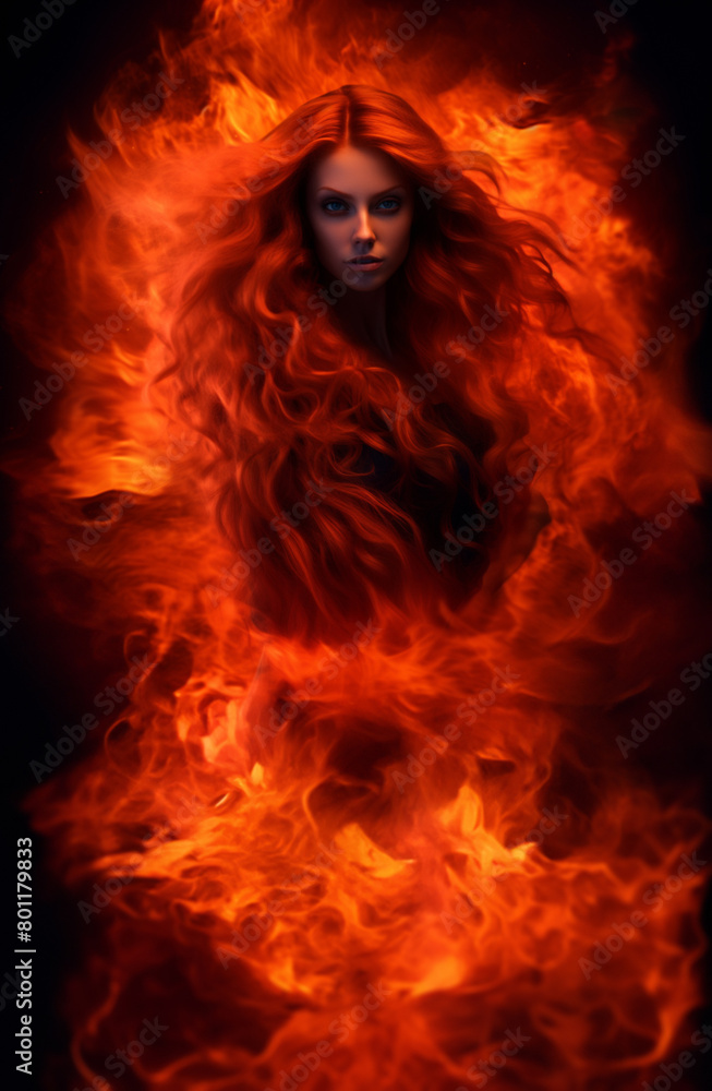 Flaming beauty woman set against a black background. Supernatural woman ...