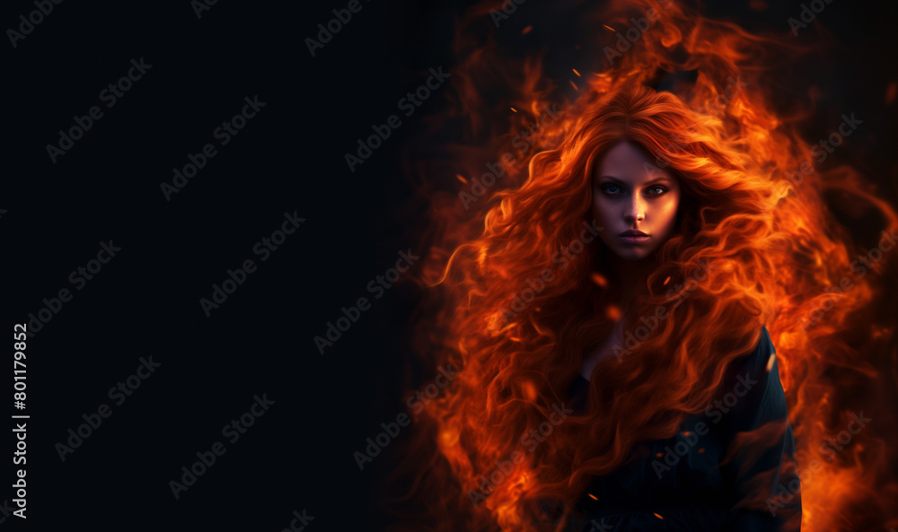 Flaming beauty woman set against a black background. Supernatural woman ...
