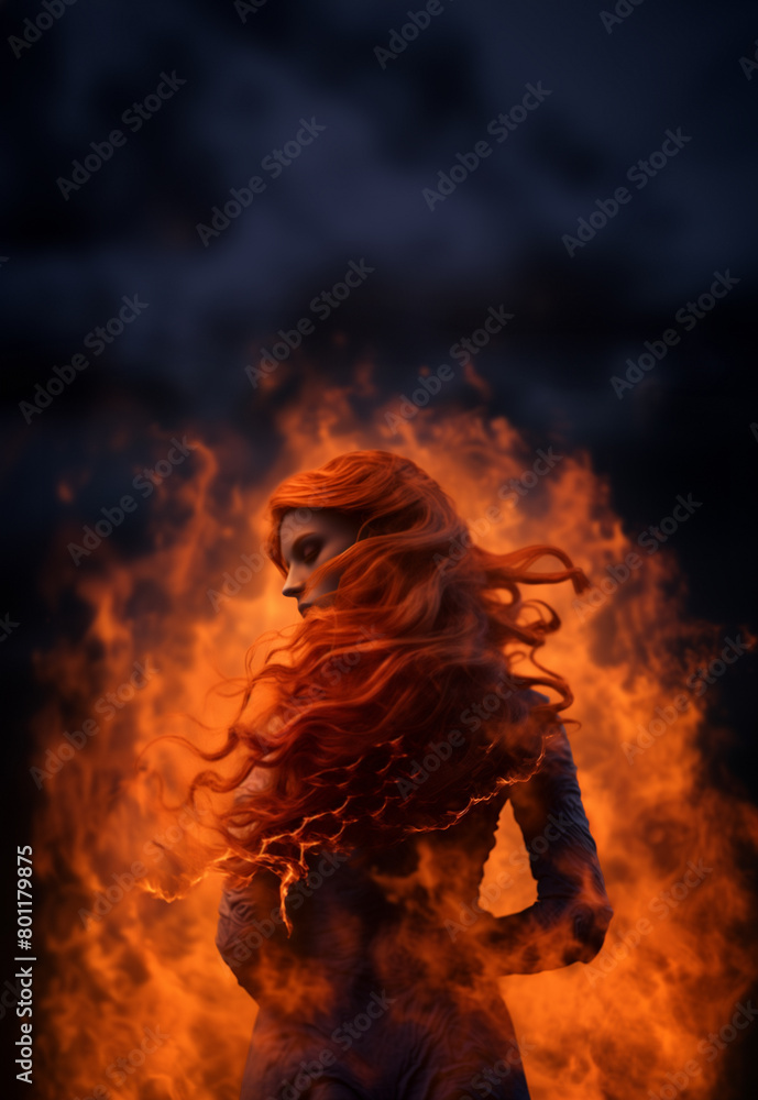 Flaming beauty woman set against a black background. Supernatural woman ...