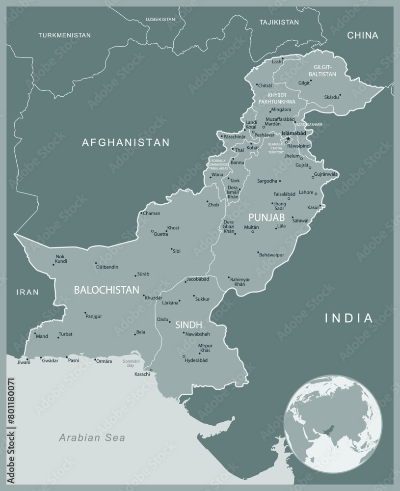 Pakistan - detailed map with administrative divisions country. Vector ...