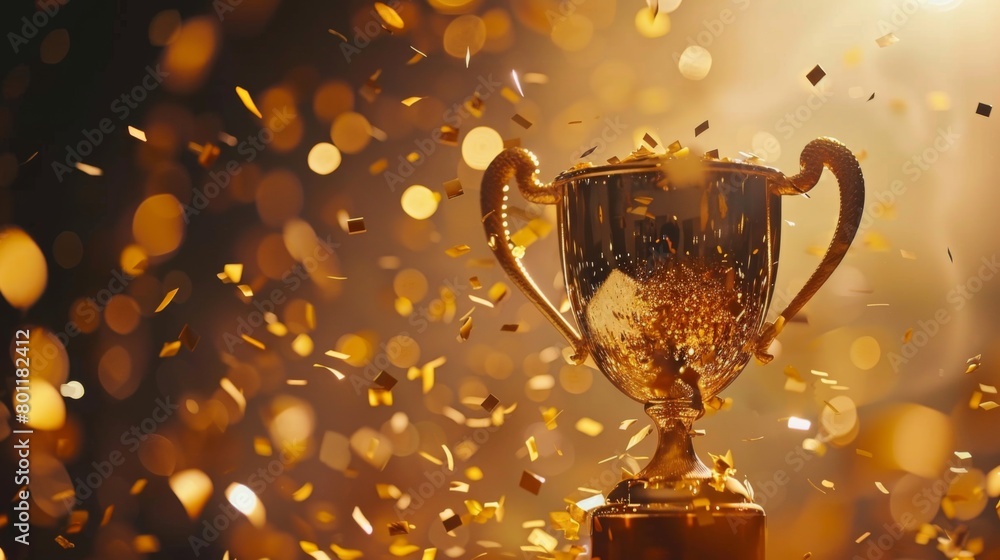 Gold trophy background with serpentine and confetti, copy space ...