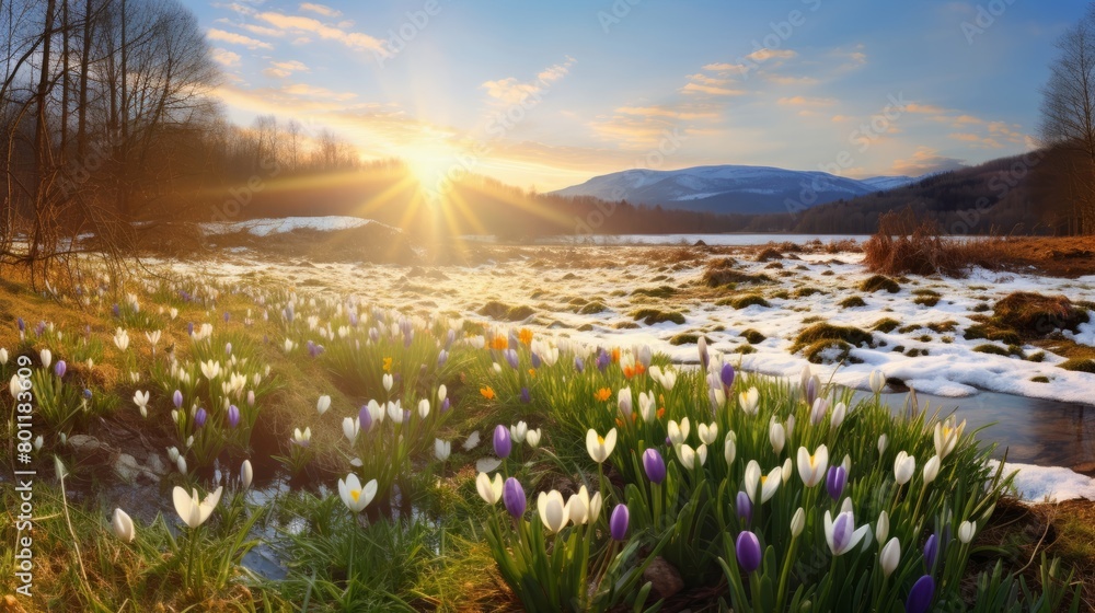Beautiful panorama of blooming spring meadow landscape, with spring ...