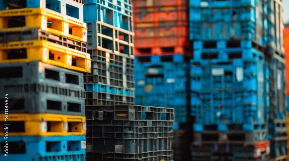 Pile of plastic shipping pallet. Industrial plastic pallet stacked at ...